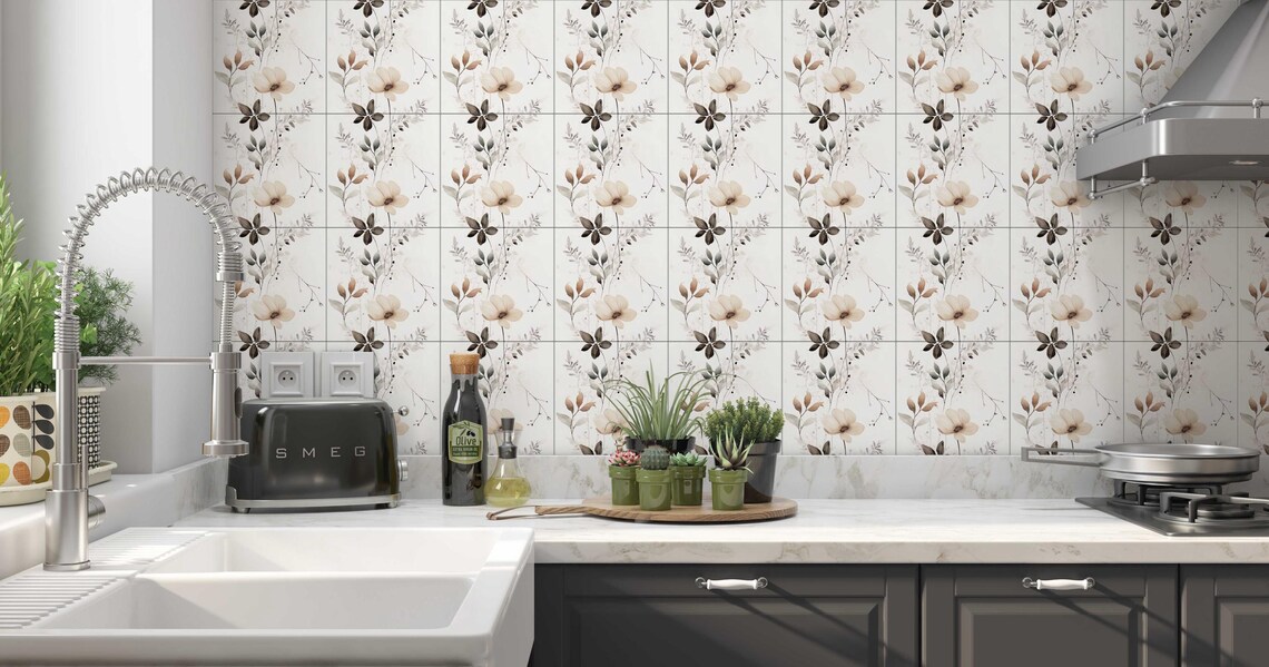 Botanical Floral Ceramic Tile - Botanical Kitchen Backsplash Tile ...