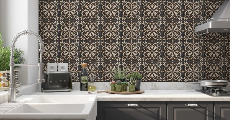 Aged Black & Rust Ceramic Tile - Vintage Patterned Kitchen Backsplash ...