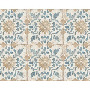 Light Blue and Tan Ceramic Tile Patterned Kitchen Backsplash Tiles ...