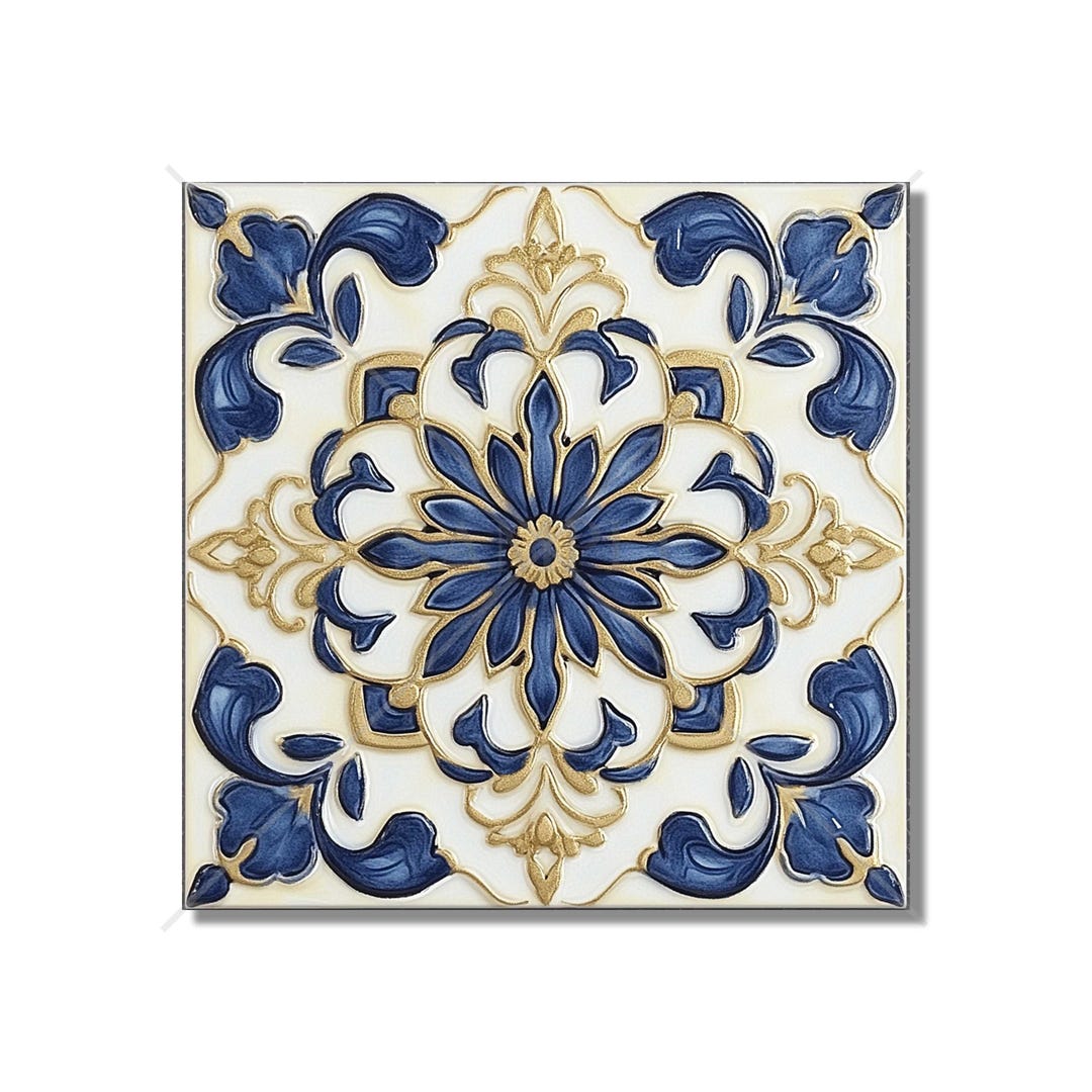 Blue and Gold Ceramic Tile - Blue Kitchen Tile Patterned Backsplash ...