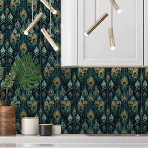 Green Copper Peacock Design Ceramic Tile - Peacock Feather Tile Unique ...