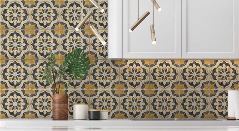 Yellow and Gray Ceramic Tile Vintage Moroccan Design Yellow Kitchen ...