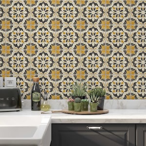 Yellow and Gray Ceramic Tile Vintage Moroccan Design Yellow Kitchen ...