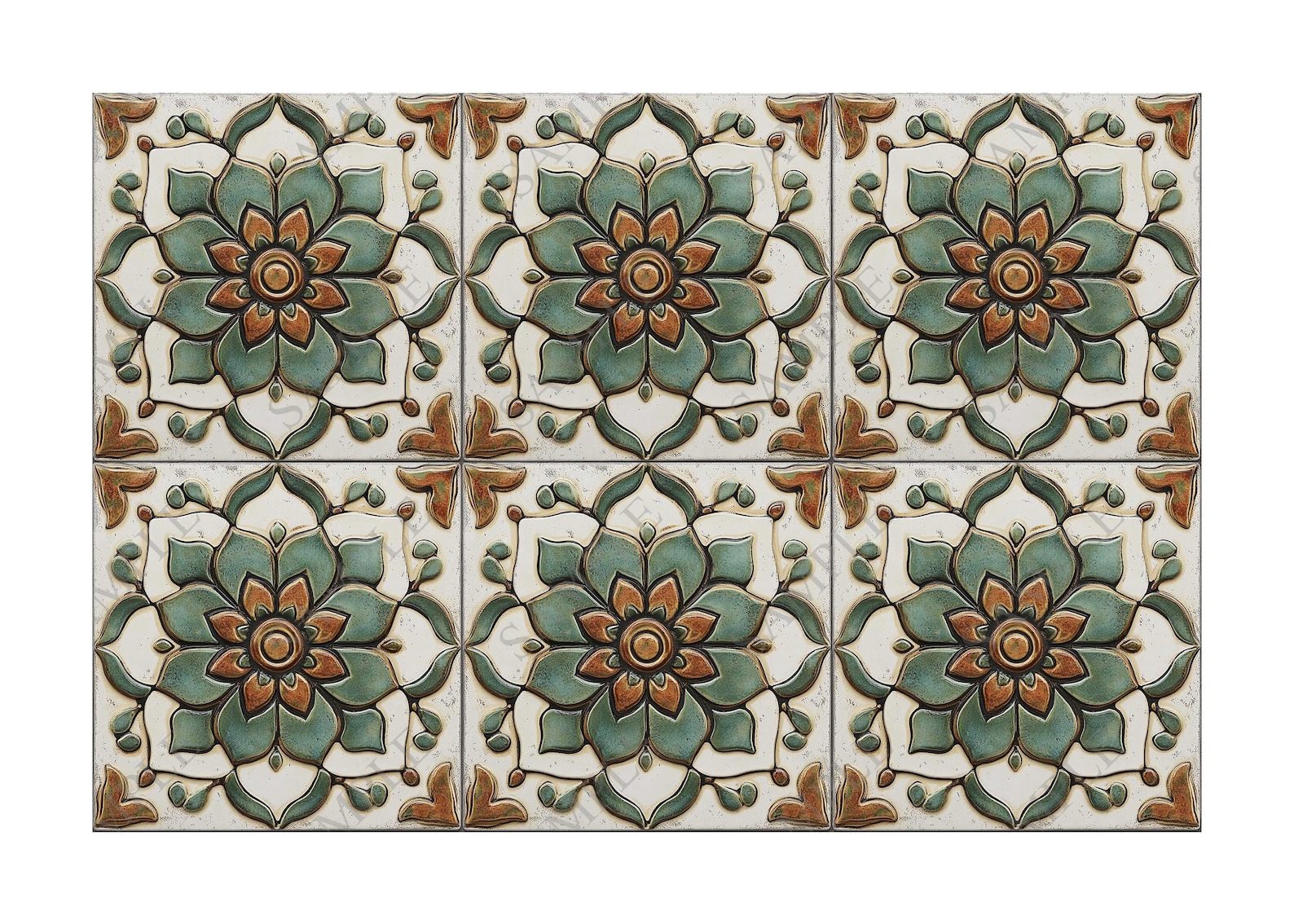 Green Copper Ceramic Tile - Vintage Design Patterned Tile - Unique ...