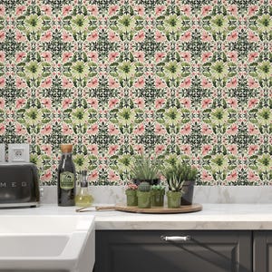 Pink and Green Floral Ceramic Tile - Cottage Kitchen Backsplash Tile ...