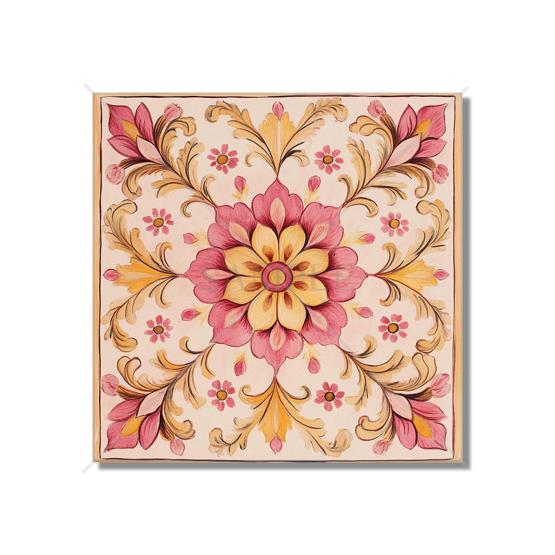 Pink Yellow Floral Ceramic Tile - Patterned Cottage Floral Design Tile ...