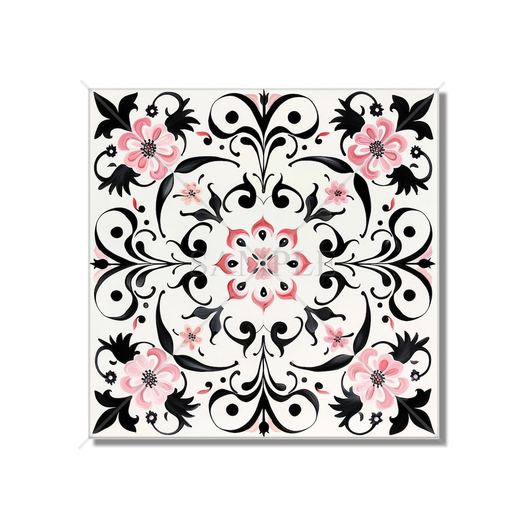 Pink and Black Floral Ceramic Tile - Floral Kitchen Backsplash Tile ...
