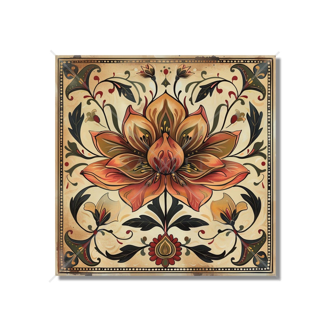 Vintage Lotus Design Ceramic Accent Tile - Floral Design Kitchen Accent ...