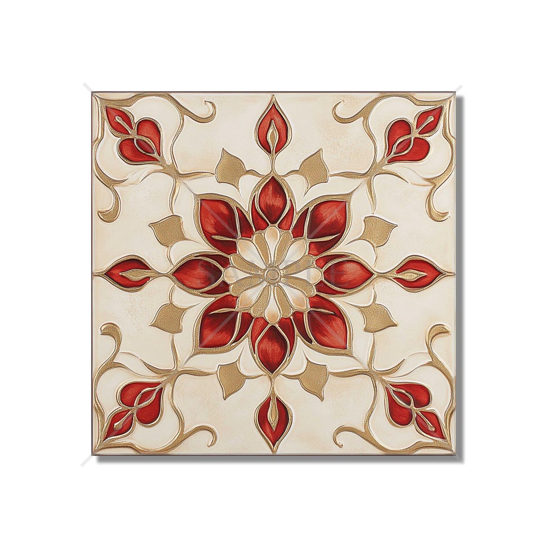 Red Cream Patterned Ceramic Tile - Unique Red Kitchen Backsplash Tiles ...