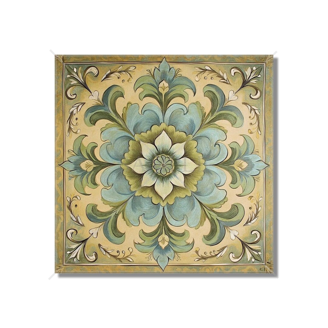 Blue and Green Ceramic Tile Antique Floral - Green Blue Tan Kitchen ...