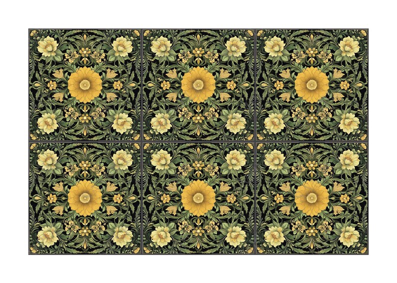 Yellow and Green Floral Ceramic Tile - Vintage French Floral Design ...