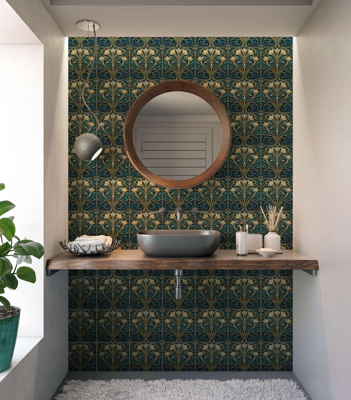 Blue Green Ceramic Tile Art Deco - Art Nouveau Design Blue Green Cream ...