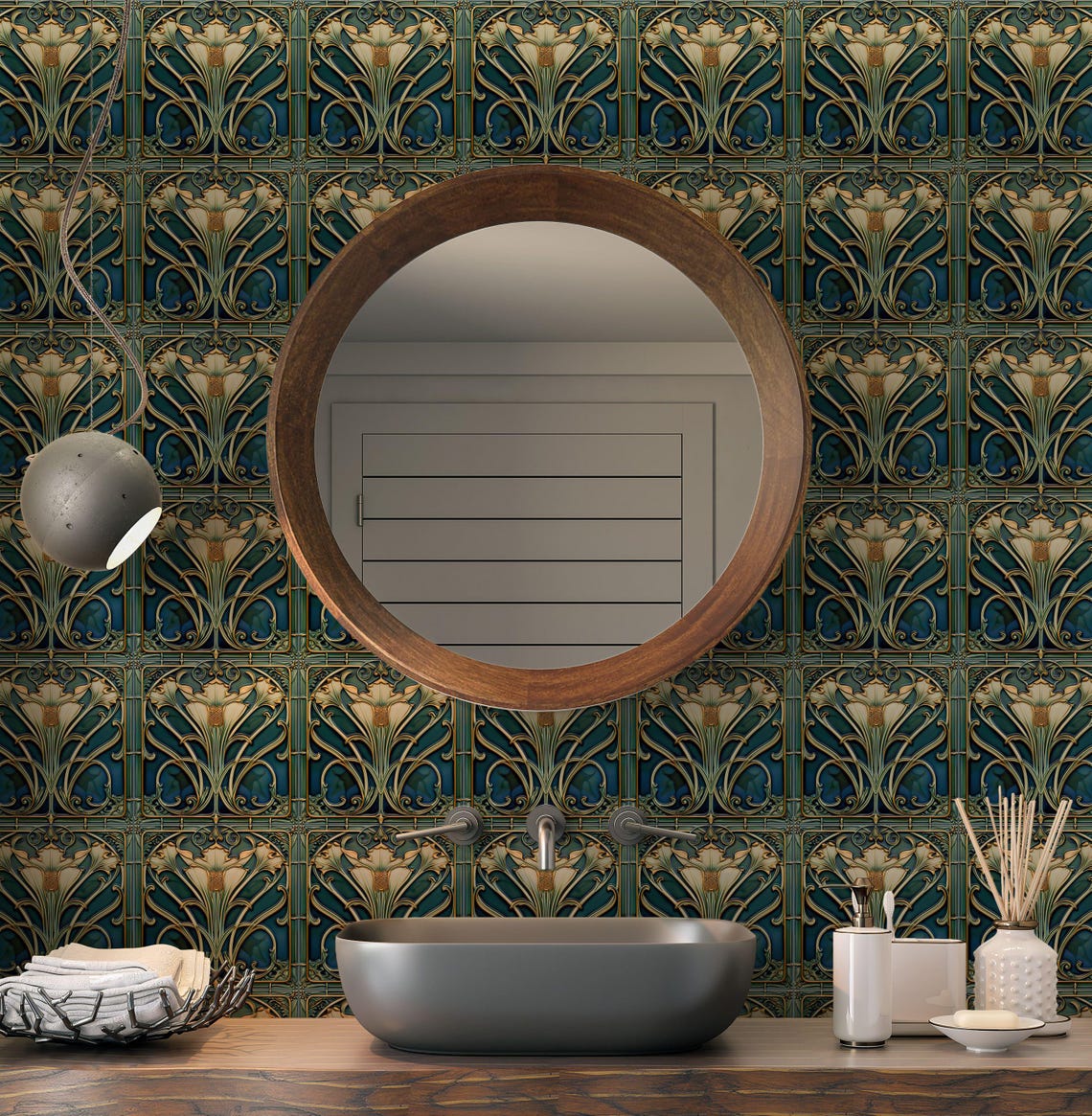 Blue Green Ceramic Tile Art Deco - Art Nouveau Design Blue Green Cream ...
