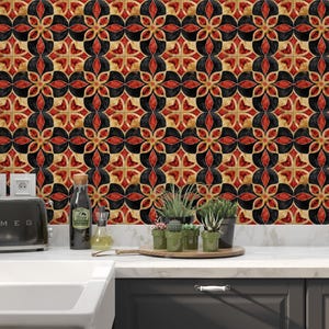 Red Black Gold Patterned Ceramic Tile - Red Kitchen Backsplash Tile ...