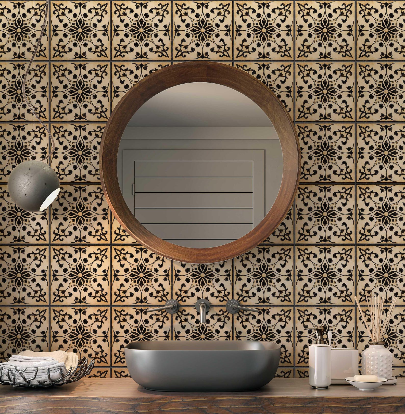 Black and Warm Cream Ceramic Tile - Kitchen Backsplash Tile - Patterned ...