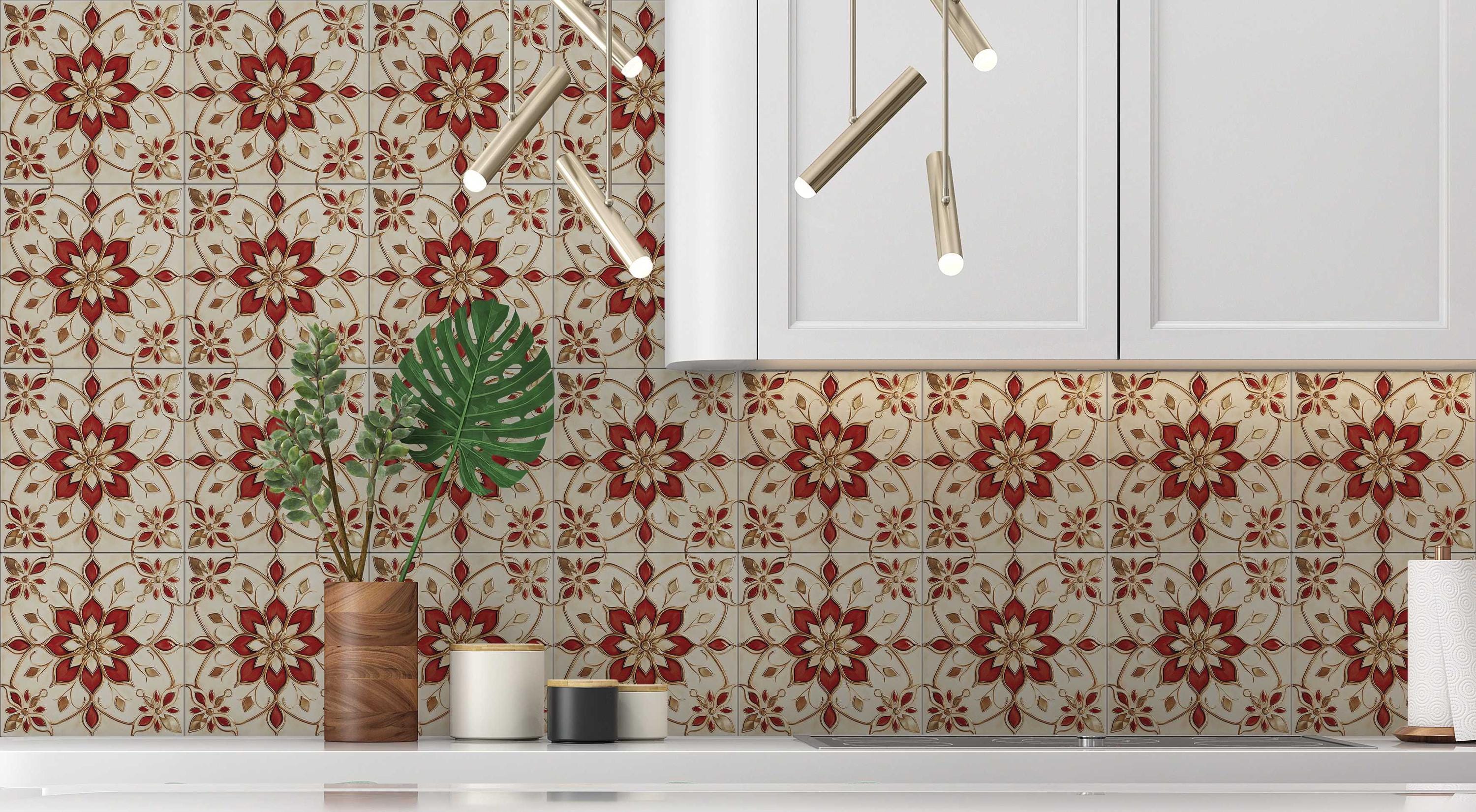 Red Cream Patterned Ceramic Tile - Unique Red Kitchen Backsplash Tiles ...