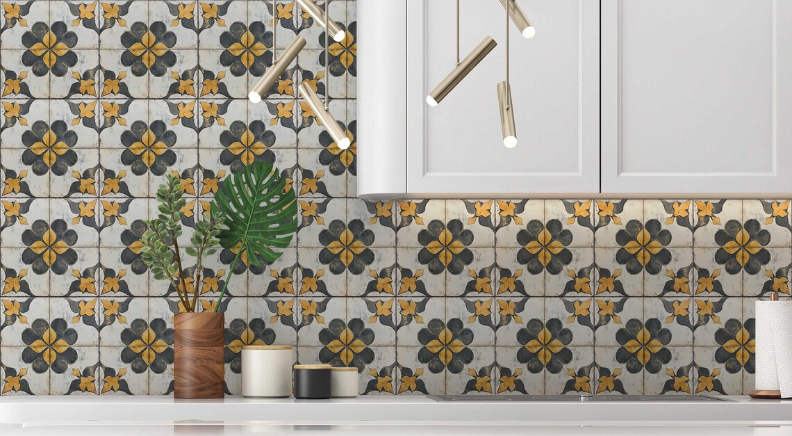 Rustic Black and Mustard Yellow Patterned Ceramic Tiles Vintage ...