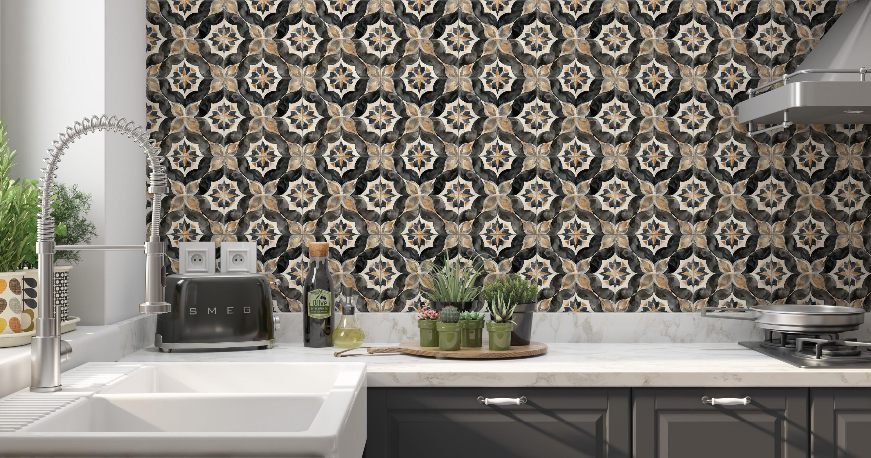 Black Tan Gray Patterned Ceramic Tile - Patterned Kitchen Backsplash ...