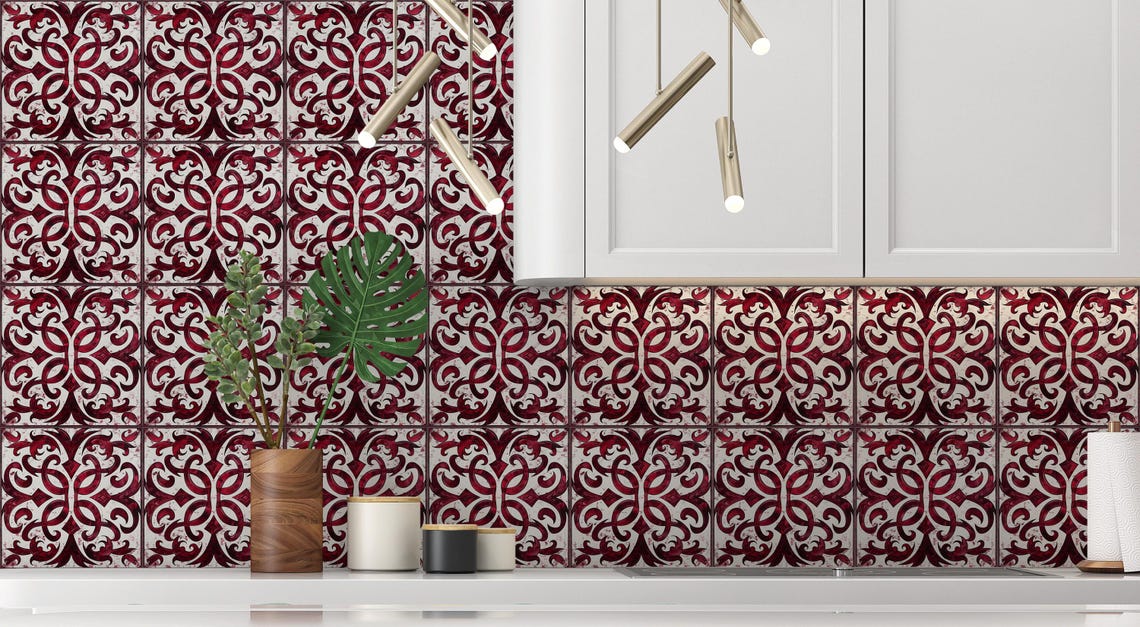 Dark Red Wine Patterned Ceramic Tile - Red Kitchen Backsplash Tile ...