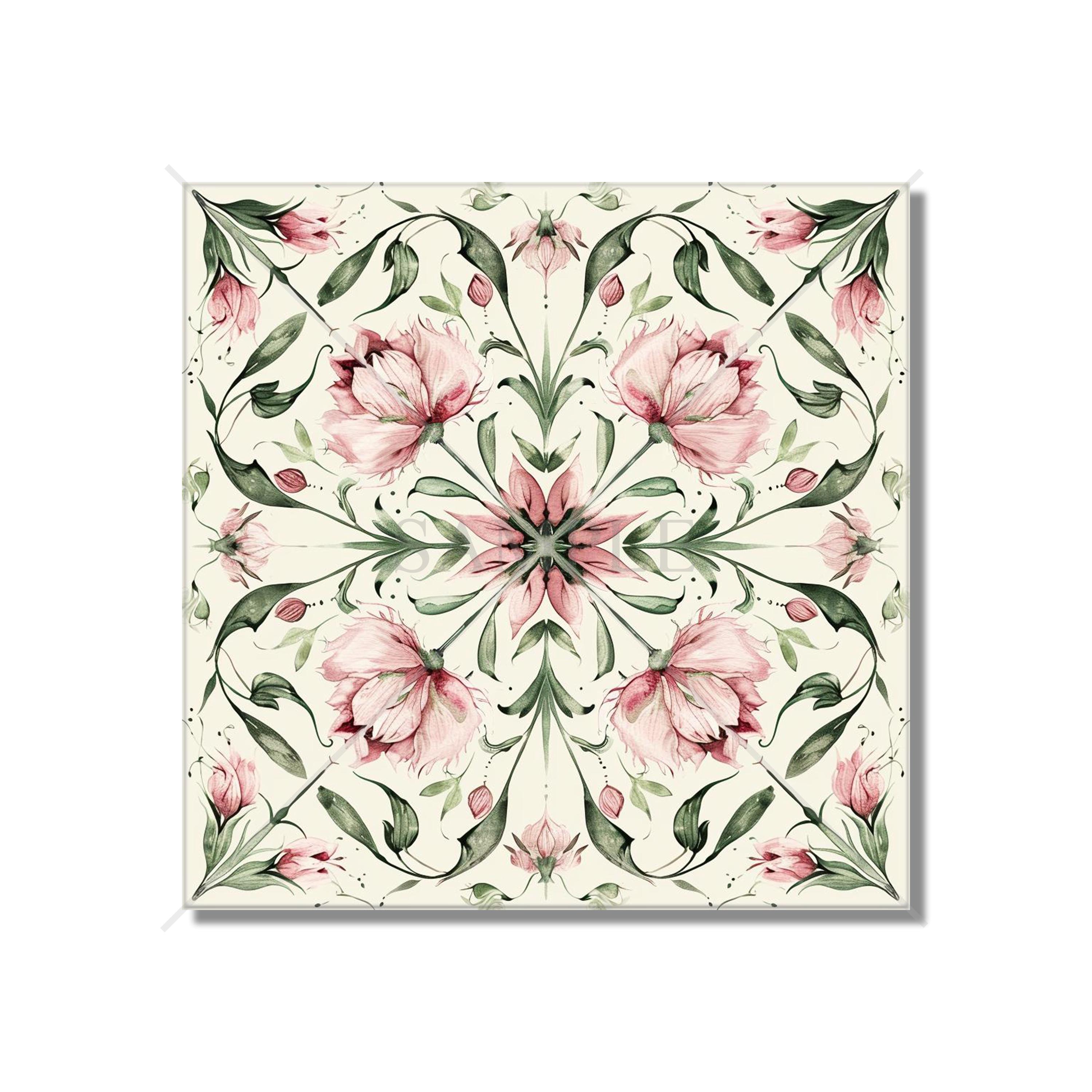 Pink and Green Floral Ceramic Tile - Cottage Kitchen Backsplash Tile ...