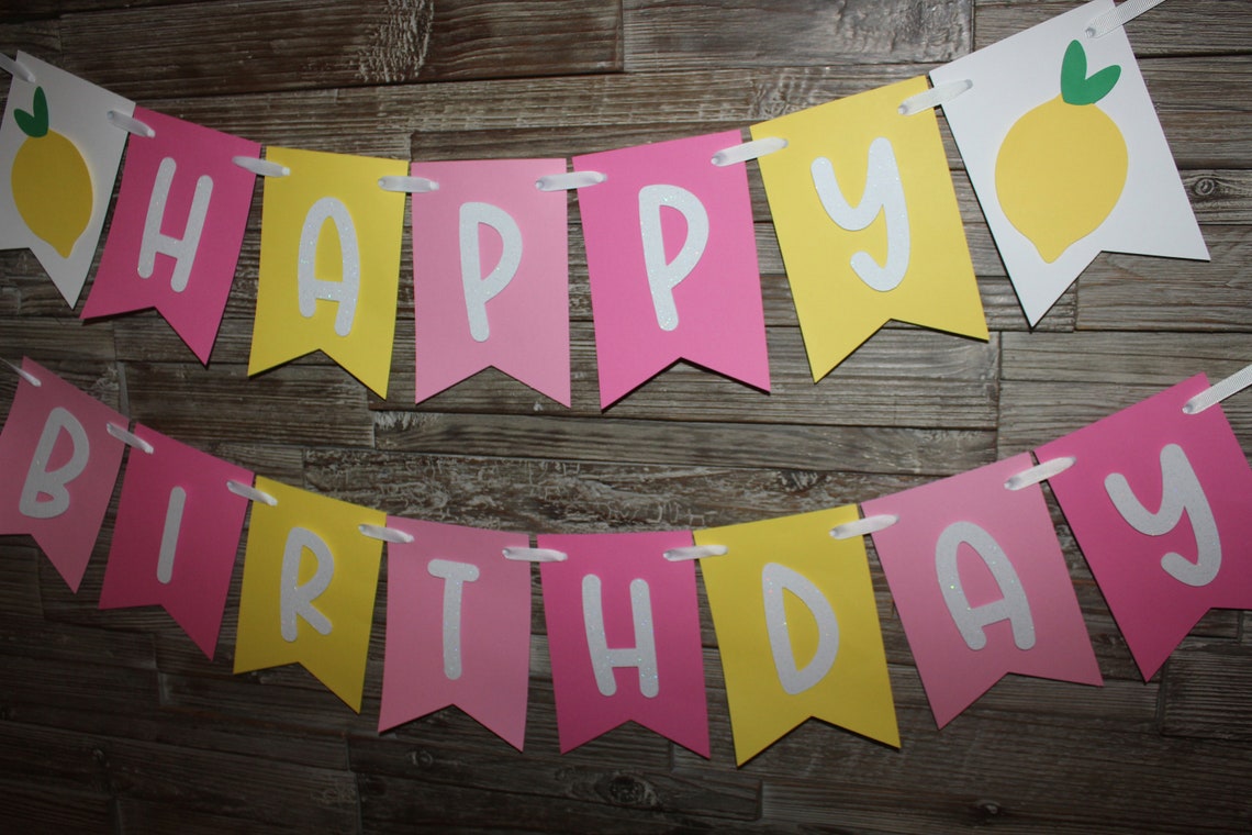 Lemon Happy Birthday Banner Pink Lemonade Birthday Banner - Etsy