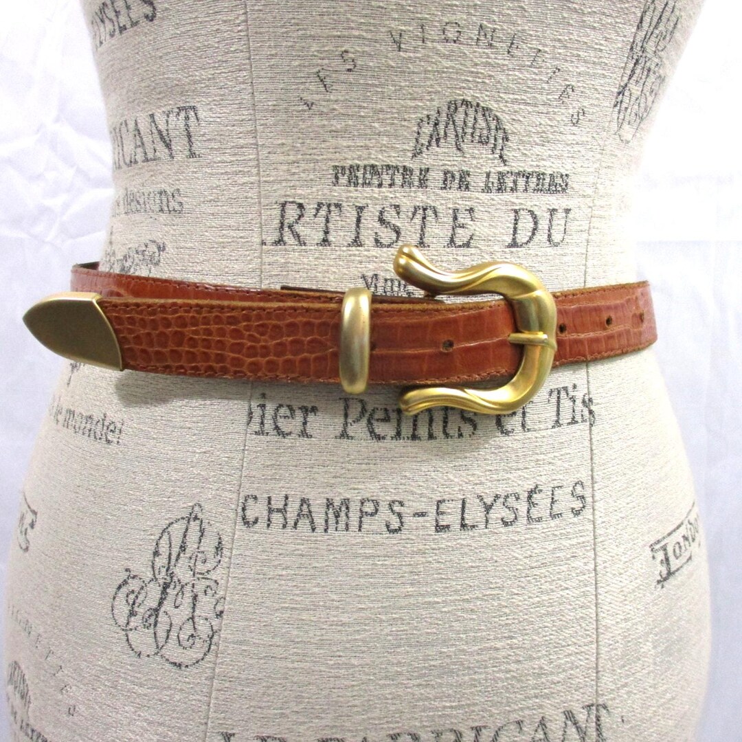 Vintage Gail Labelle Brown Snakeskin Leather Belt With Brushed Gold ...