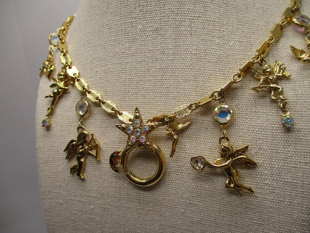 Vintage Kirks Folly Emblem Link Chain Necklace With Crystal Cupid Fairy ...
