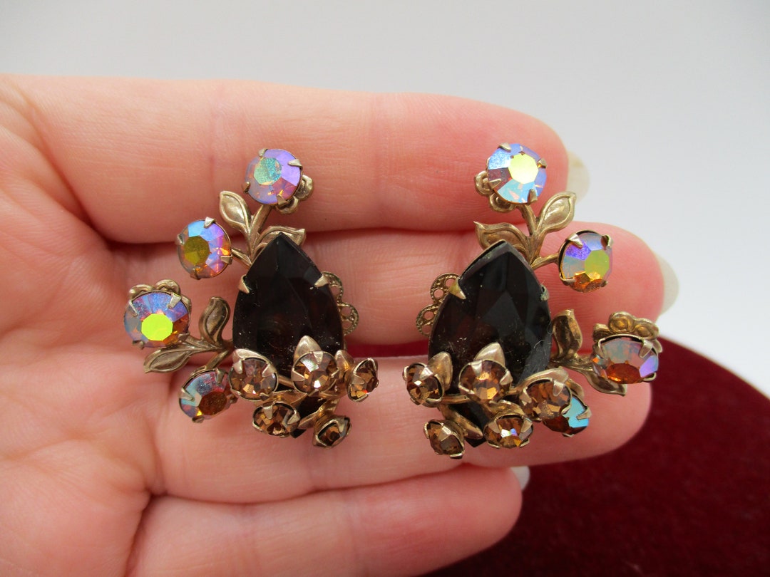 Vintage Mid Century 1950s Floral Rivet Topaz AB Rhinestone Climbing Ear ...