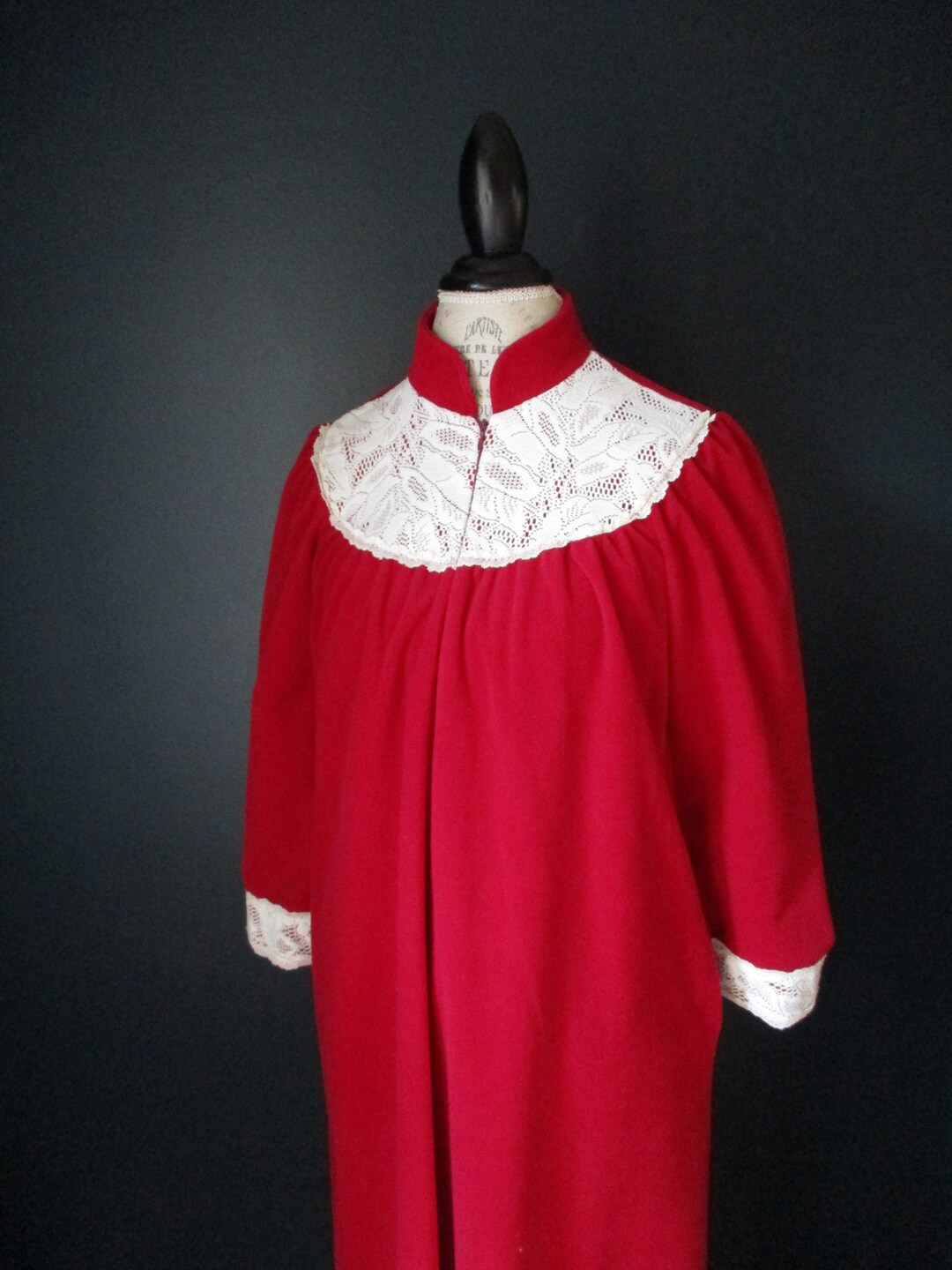 Vintage Vanity Fair 1970s Red Velour Robe, White Lace Long Sleeve Full ...