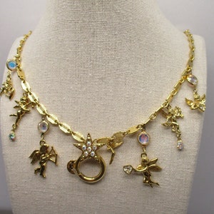 Vintage Kirks Folly Emblem Link Chain Necklace With Crystal Cupid Fairy ...