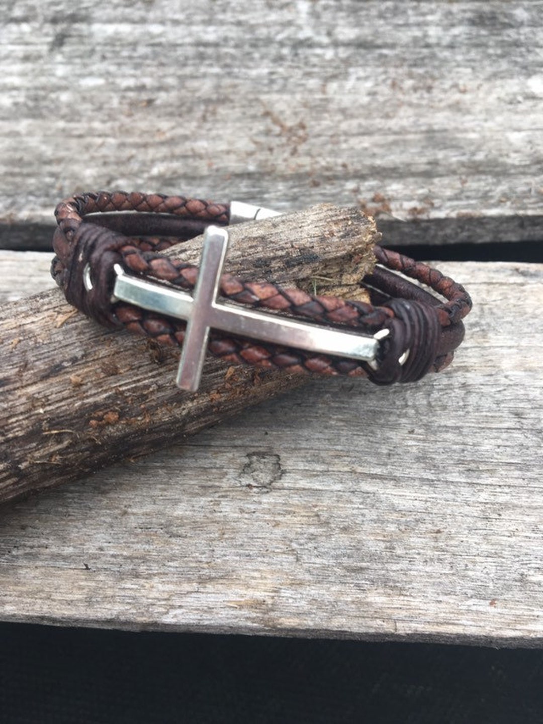 Braided Leather Cross Bracelet, Antique Silver, Magnetic Clasp - Etsy