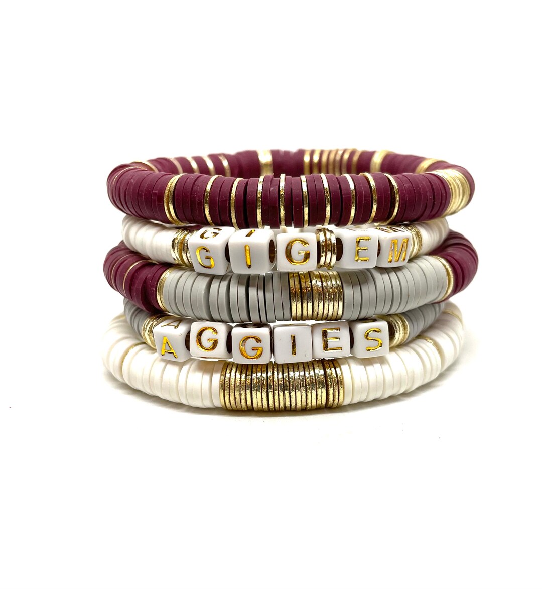 Heishi Spirit Stack AGGIE Bracelets/8mmheishi Bracelet Maroon/gold ...