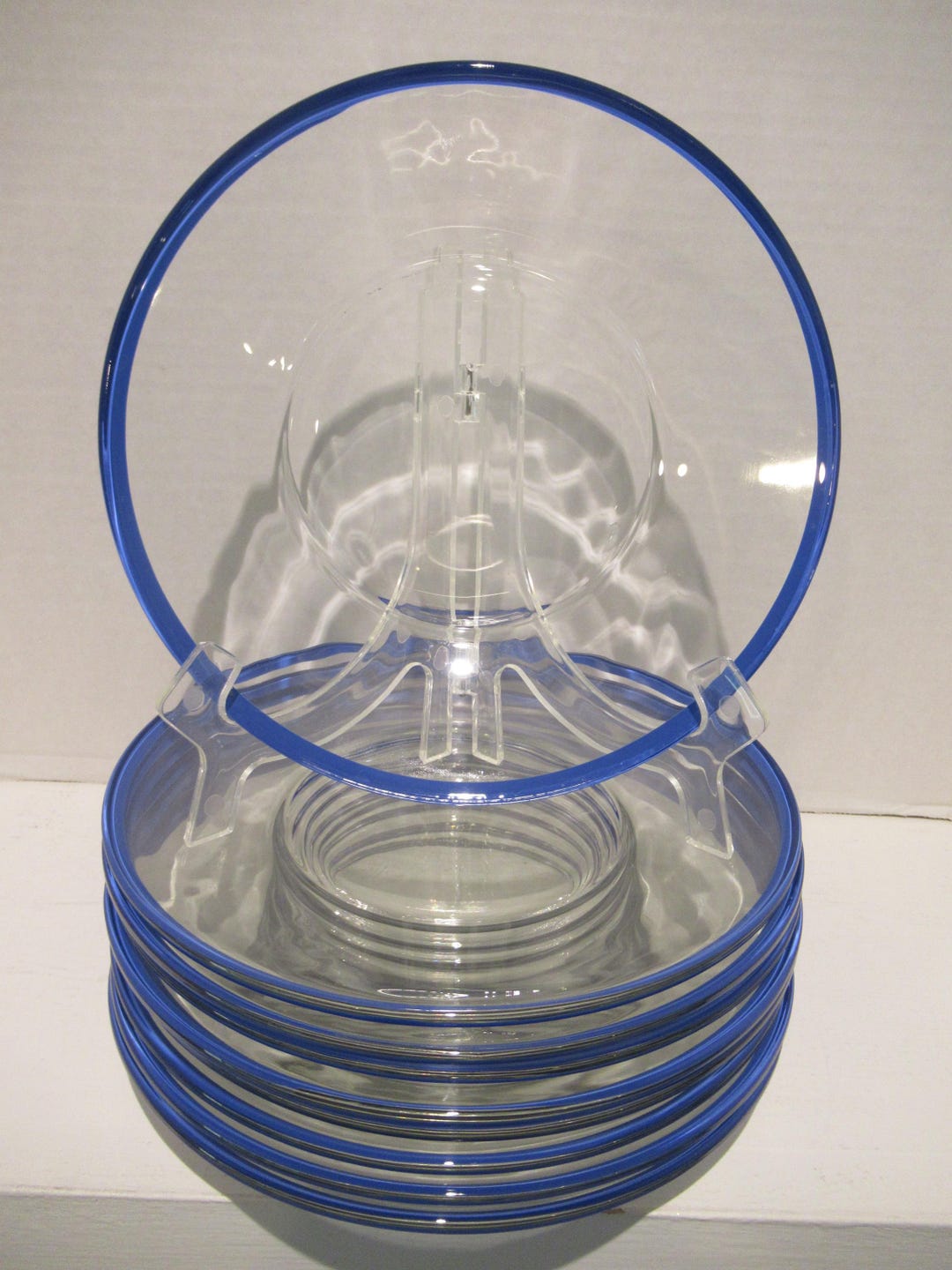Vintage 9 Clear Glass W Blue Rim 8 Salad Luncheon Plates, 9 Blue Rimmed ...