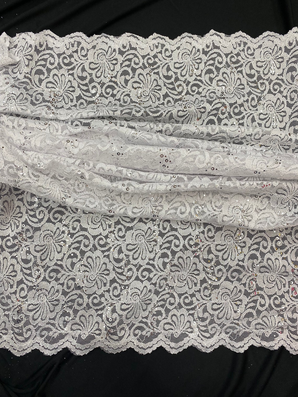 White Double Scallop Lace With Silver Sequins, 50" Wide, Sells by the ...