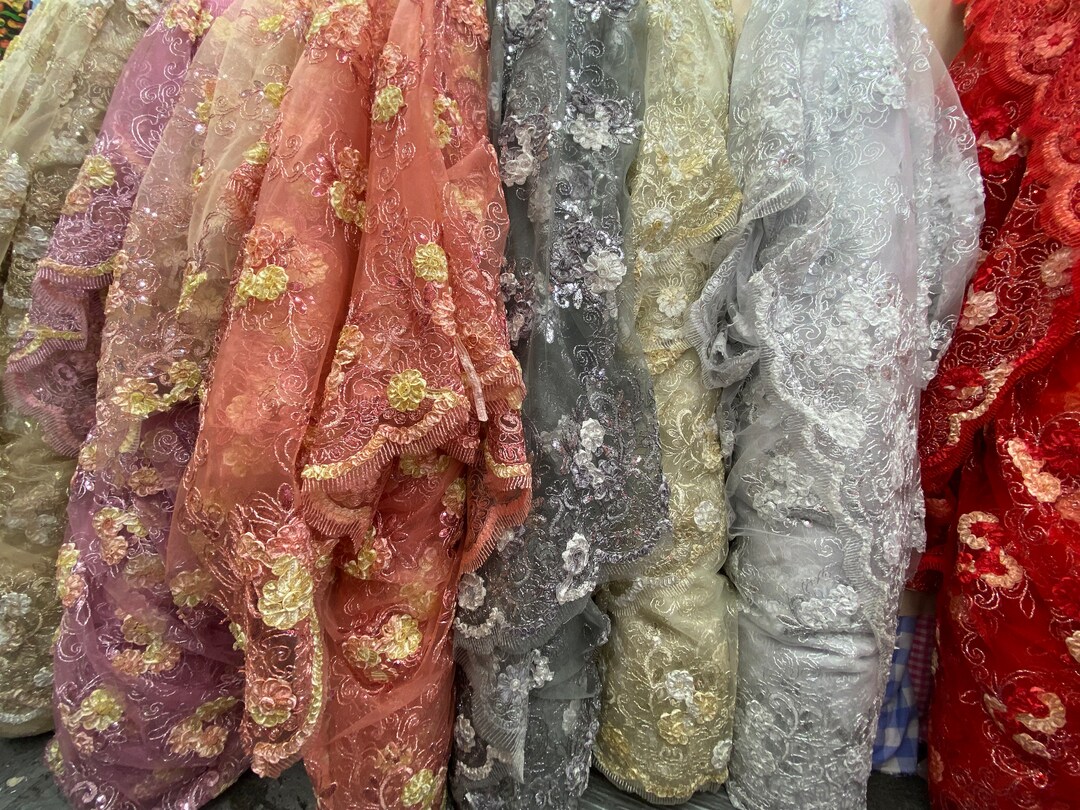 Two Tone 3-D Flower Lace With Sewn on Sequins Metallic Cording, Double ...