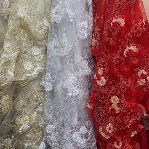 Two Tone 3-D Flower Lace With Sewn on Sequins Metallic Cording, Double ...