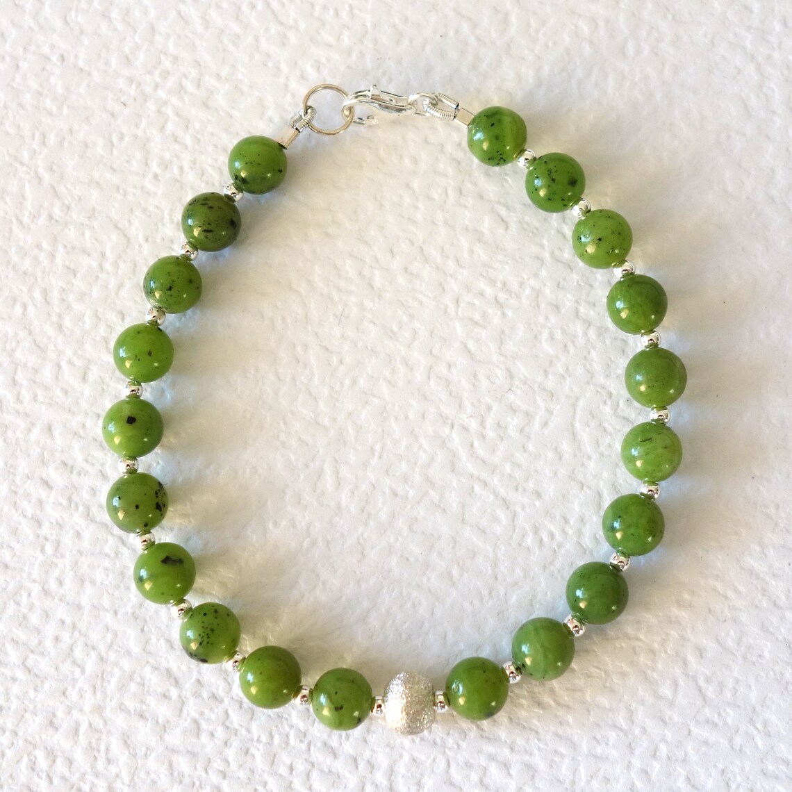 Genuine Nephrite Bracelet With Silver Beads, Jade Bracelet, Green ...