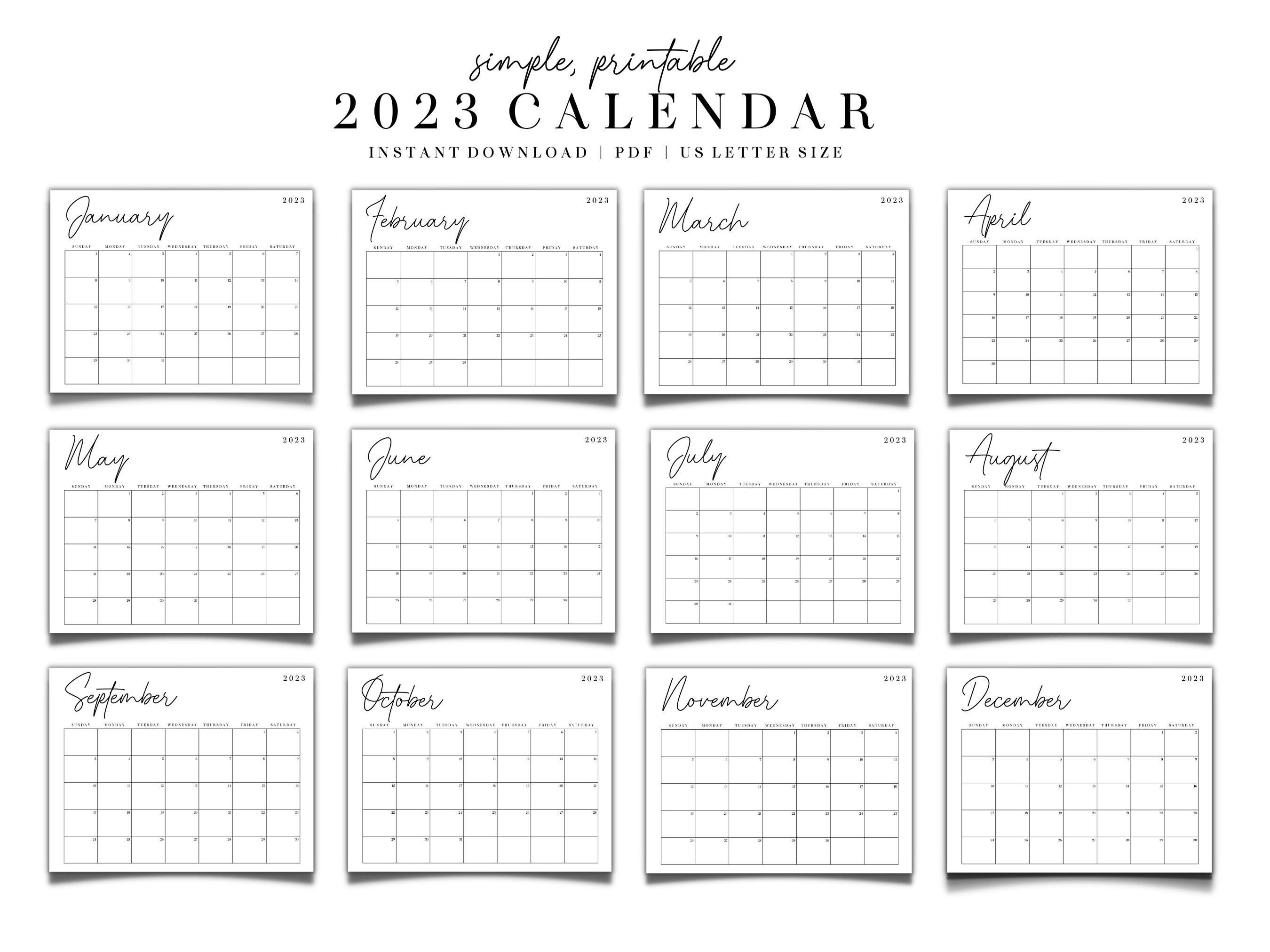 2023 Simple Calendar, Printable Monthly Calendar, Black and White - Etsy