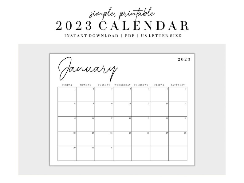 2023 Simple Calendar, Printable Monthly Calendar, Black and White - Etsy