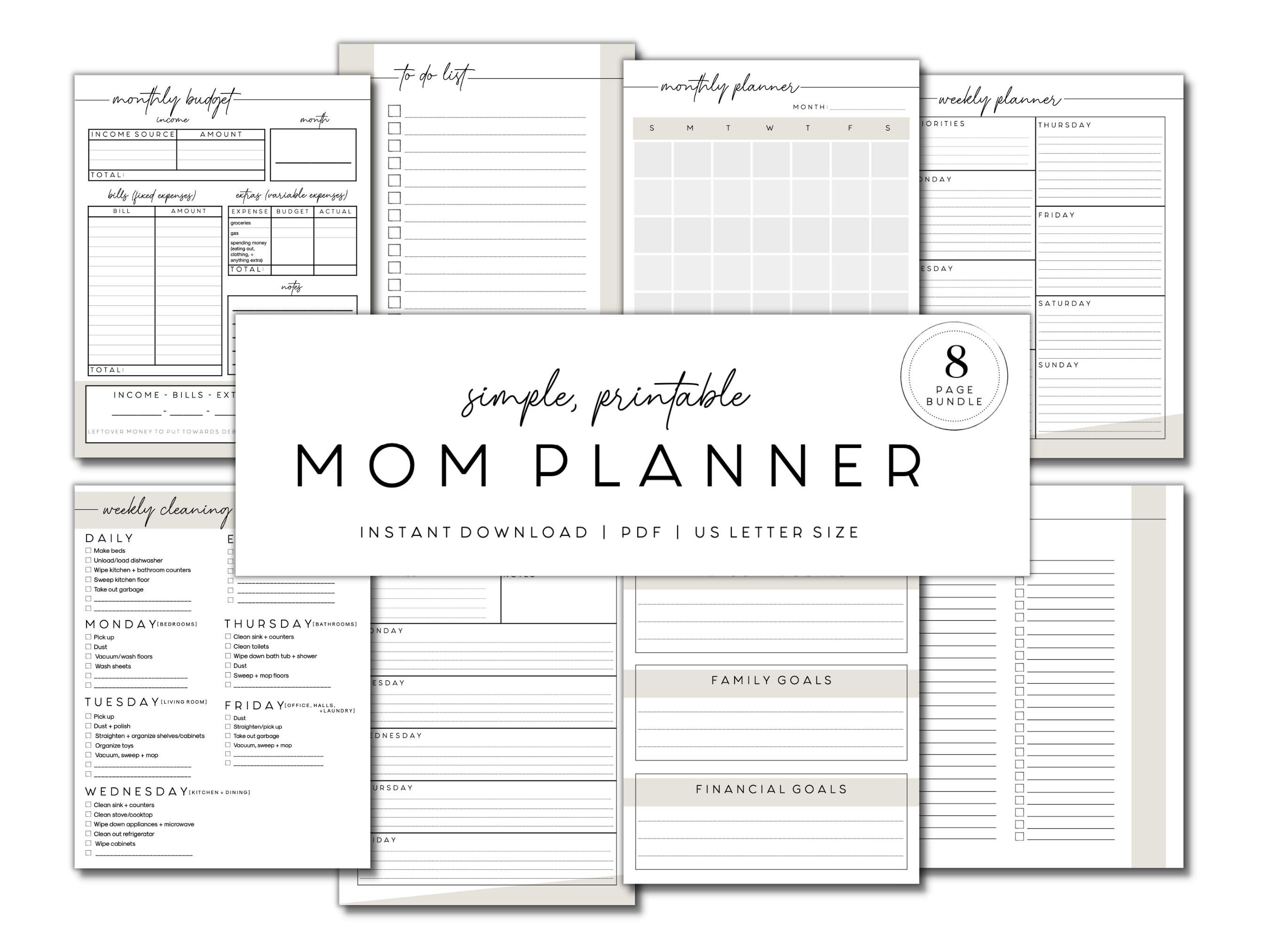 Simple Mom Planner, Printable Mom Planner, Cleaning Schedule, Monthly ...