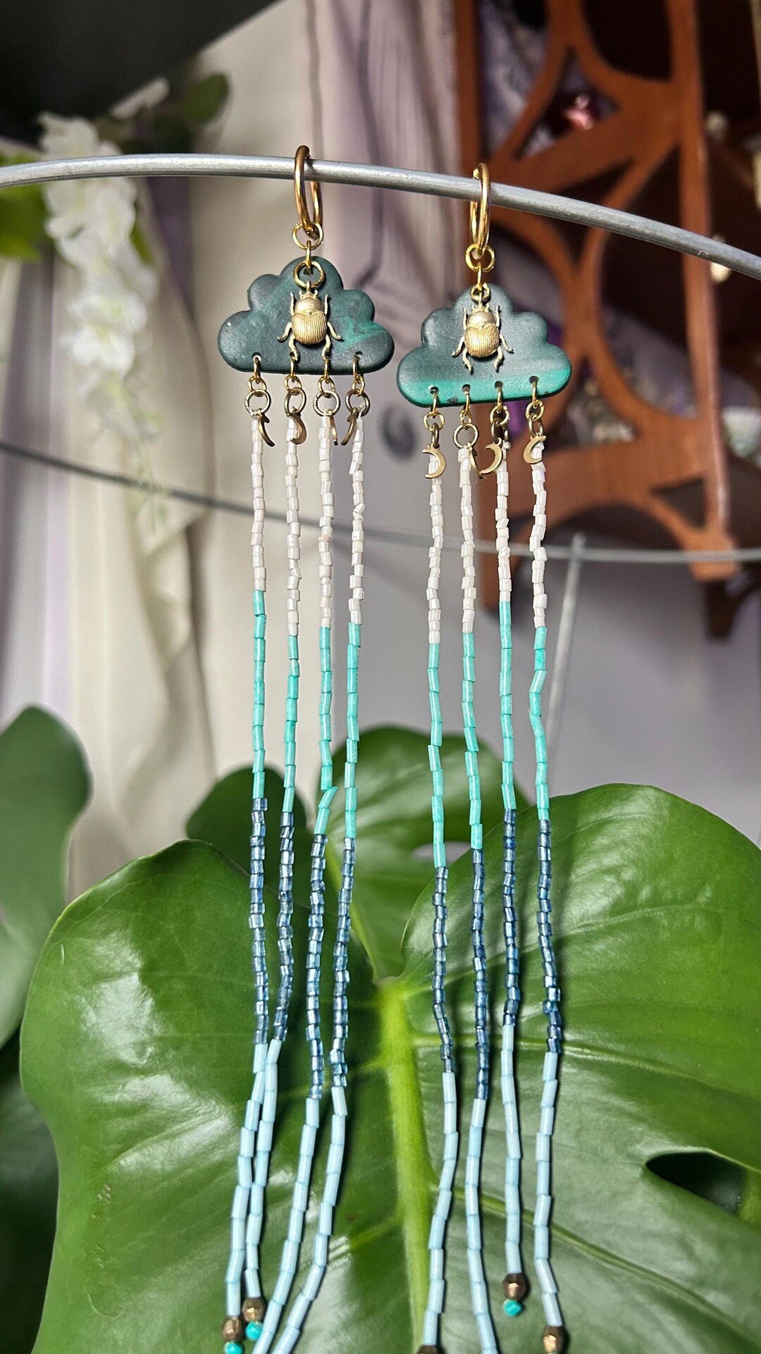 Gold Long Clay Scarab Cloud Earrings, Cloud Statement Earrings, Clay Bug Earrings, 18k Gold ...