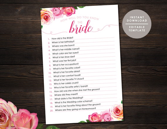 Printable Know the Bride Game How Well Do You Know the Bride | Etsy