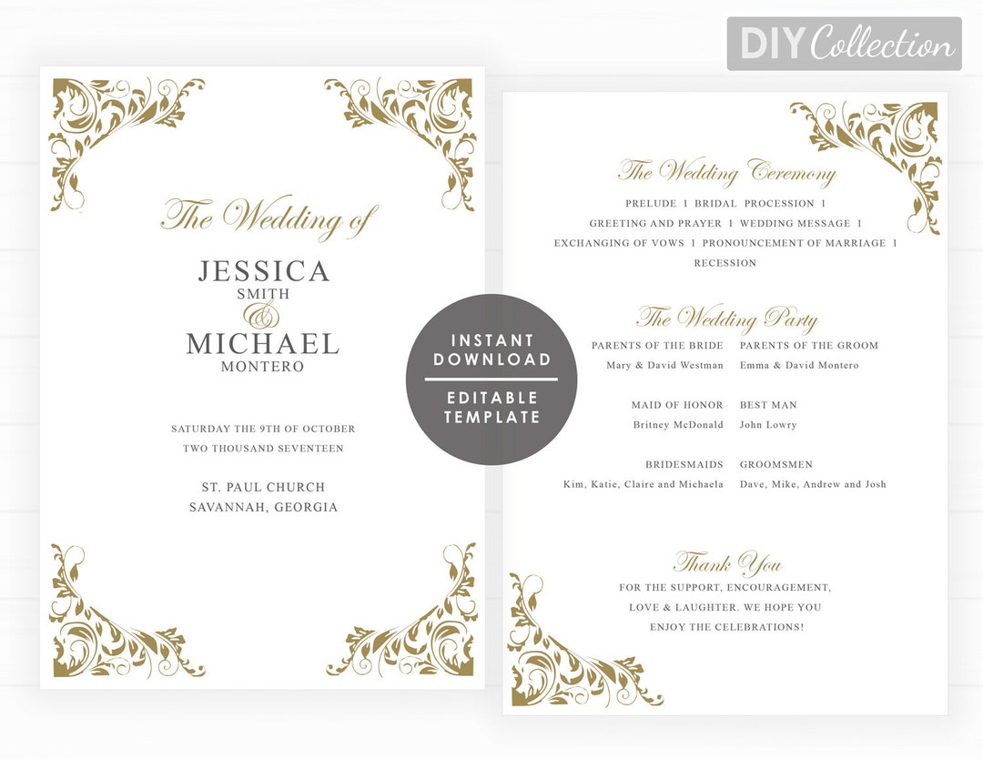 Printable Gold Wedding Program Template, Gold Wedding Program Template ...