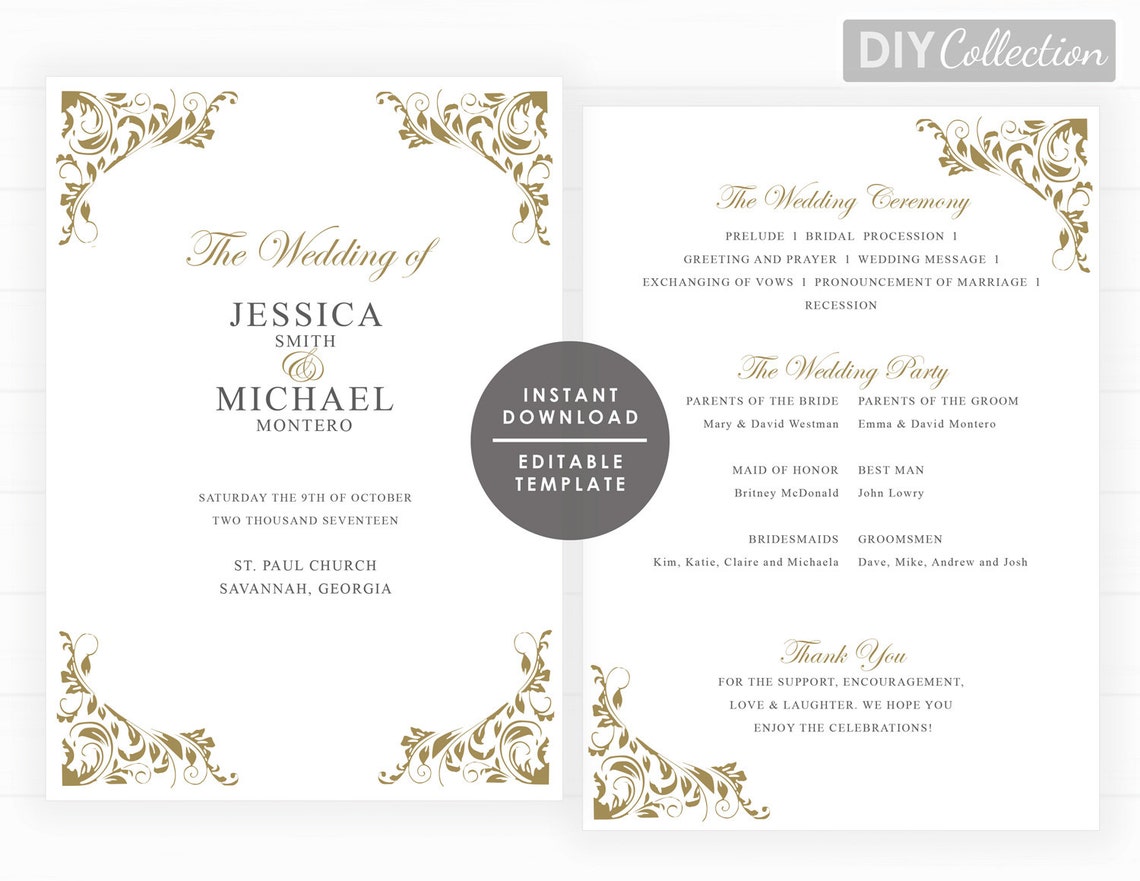 Printable Gold Wedding Program Template Gold Wedding Program - Etsy