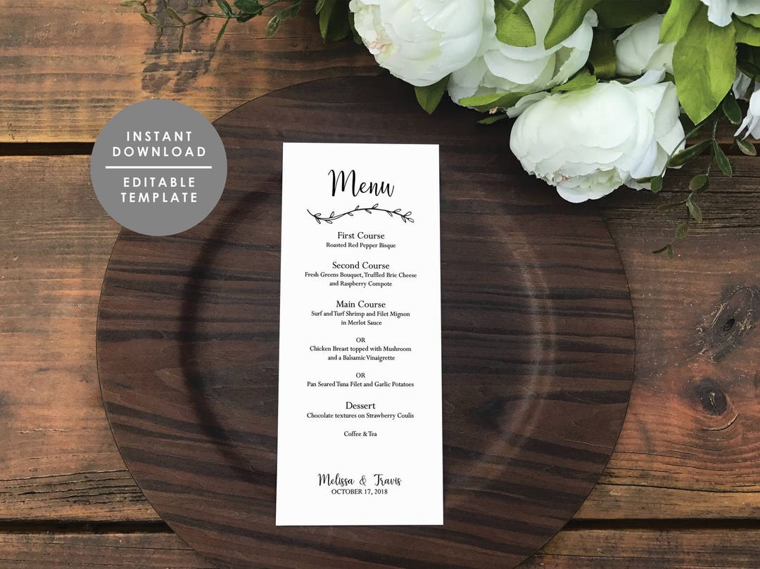 Rustic Menu Template, Printable Wedding Menu, Kraft Menu, Instant ...