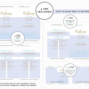 Blue and Gold Wedding Program, Beach Program Fan, Program Template ...