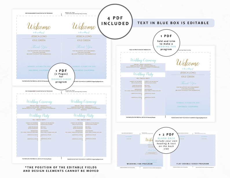 Blue and Gold Wedding Program Beach Program Fan Program - Etsy