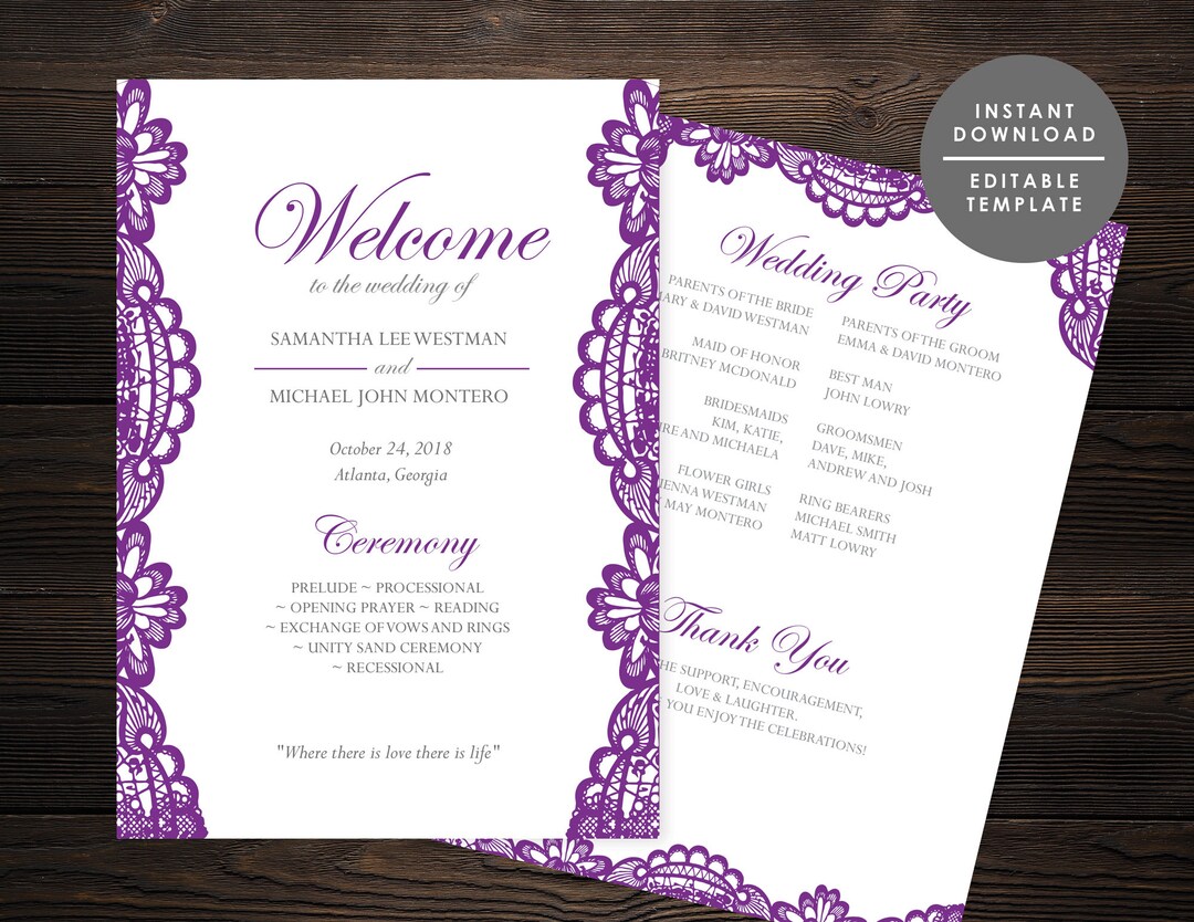 Purple Wedding Program Elegant Purple Wedding Program - Etsy