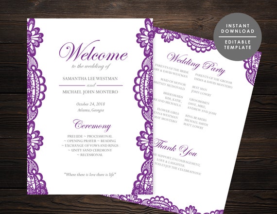 Purple Wedding Program Elegant Purple Wedding Program | Etsy