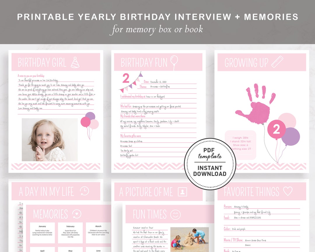 Printable Birthday Interview, Kids Memory Book Pages, Memory Box Pages ...